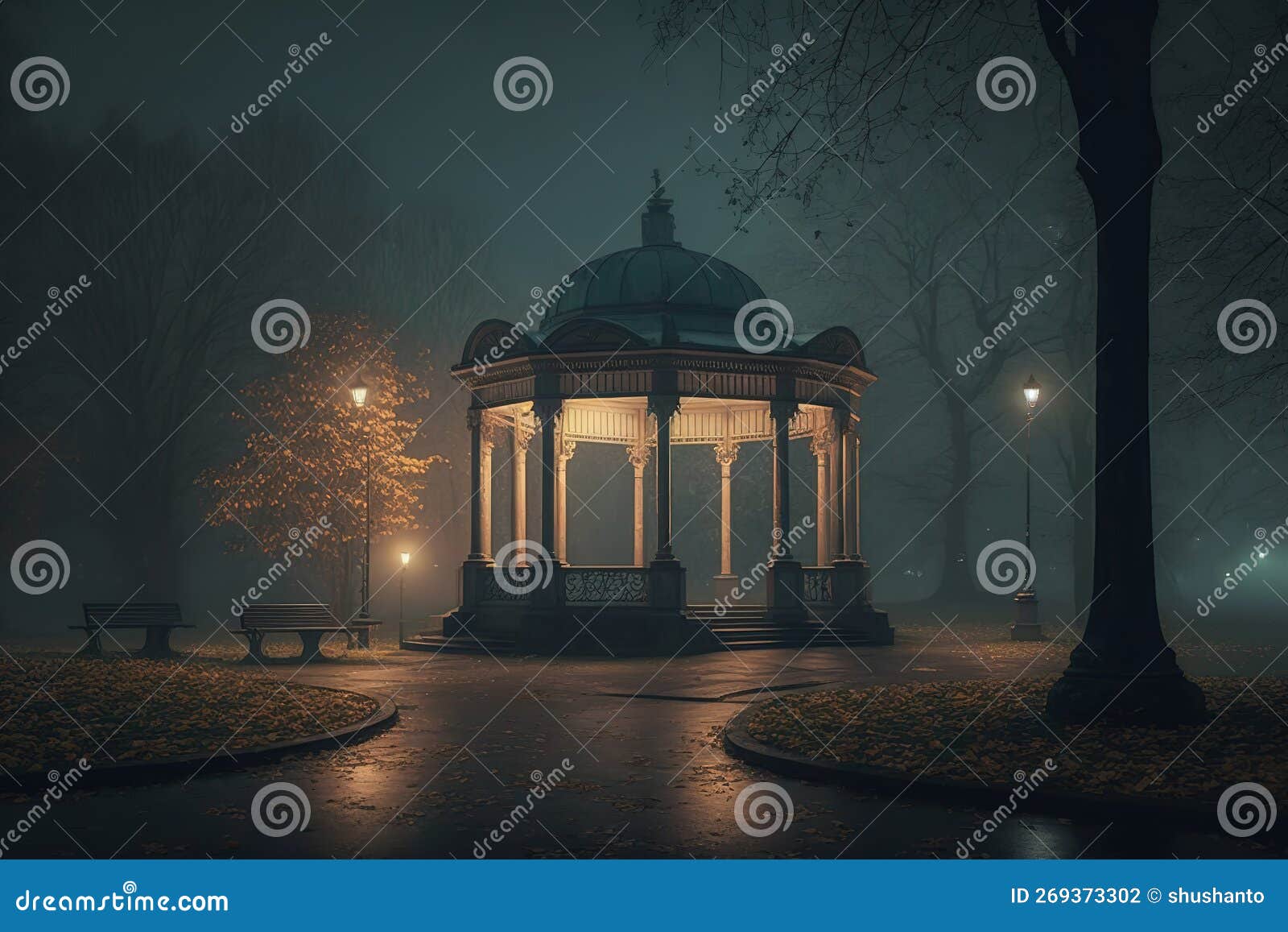 Nostalgic Night at Empty Raining Abandon Park Stock Illustration ...
