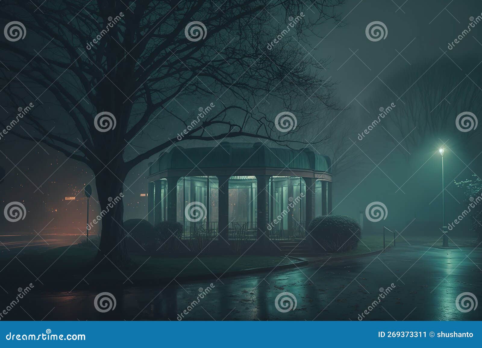 Nostalgic Night at Empty Raining Abandon Park Stock Illustration ...