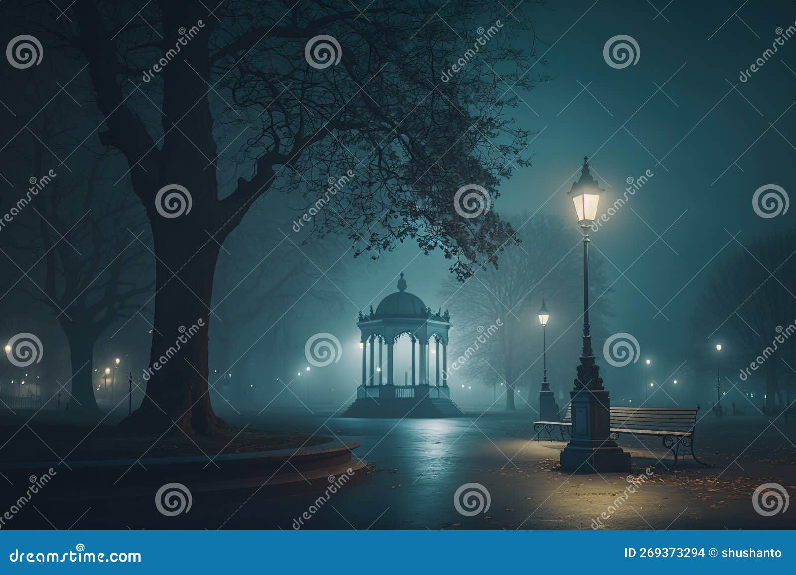 Nostalgic Night at Empty Raining Abandon Park Stock Illustration ...