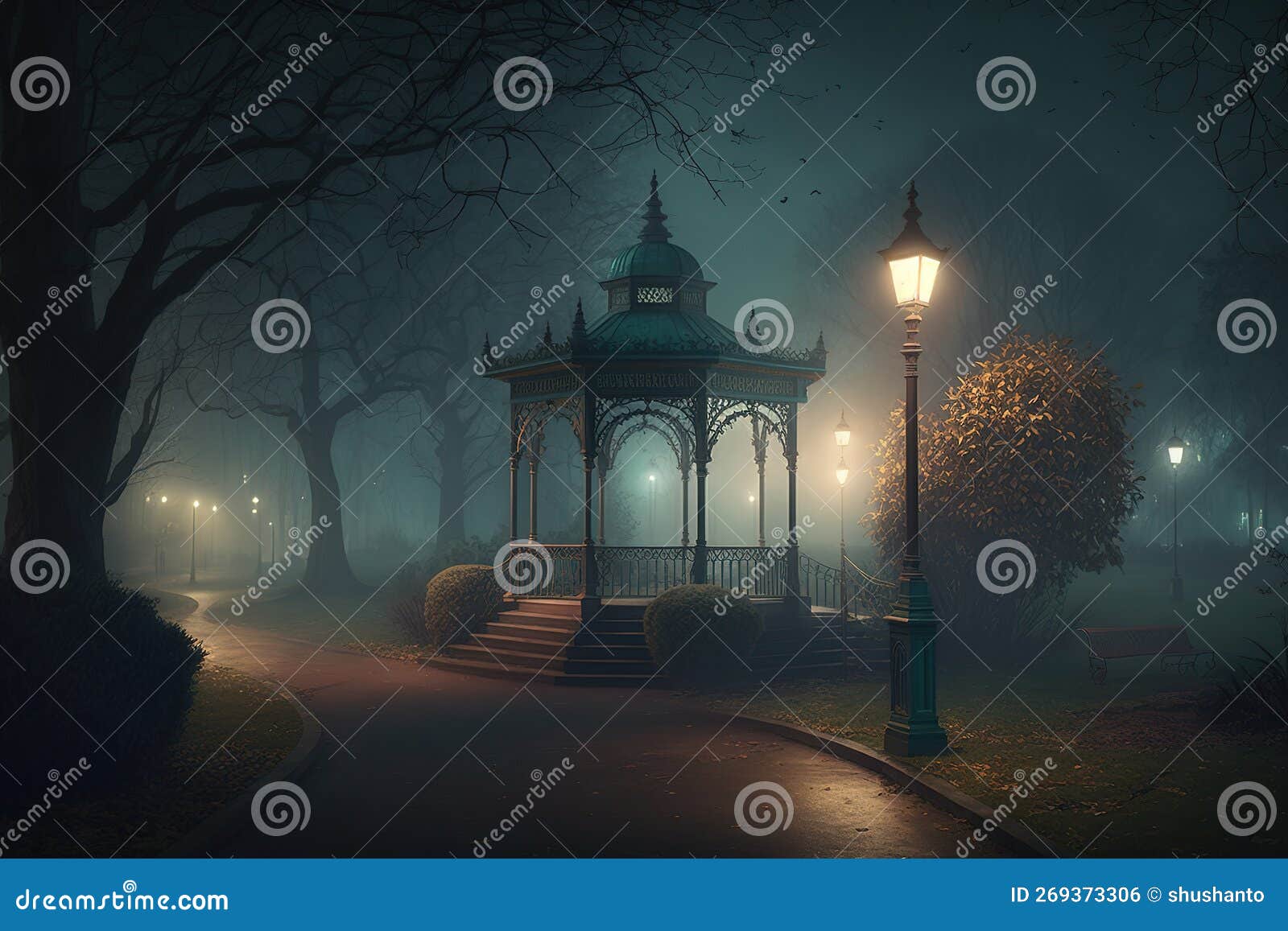 Nostalgic Night at Empty Raining Abandon Park Stock Illustration ...