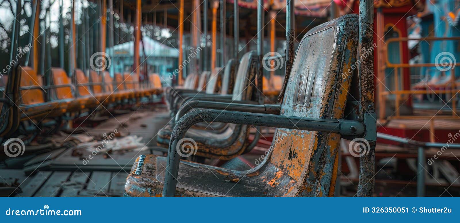 A Nostalgic Scene of an Empty Carnival Ride with Weathered Seats and a ...