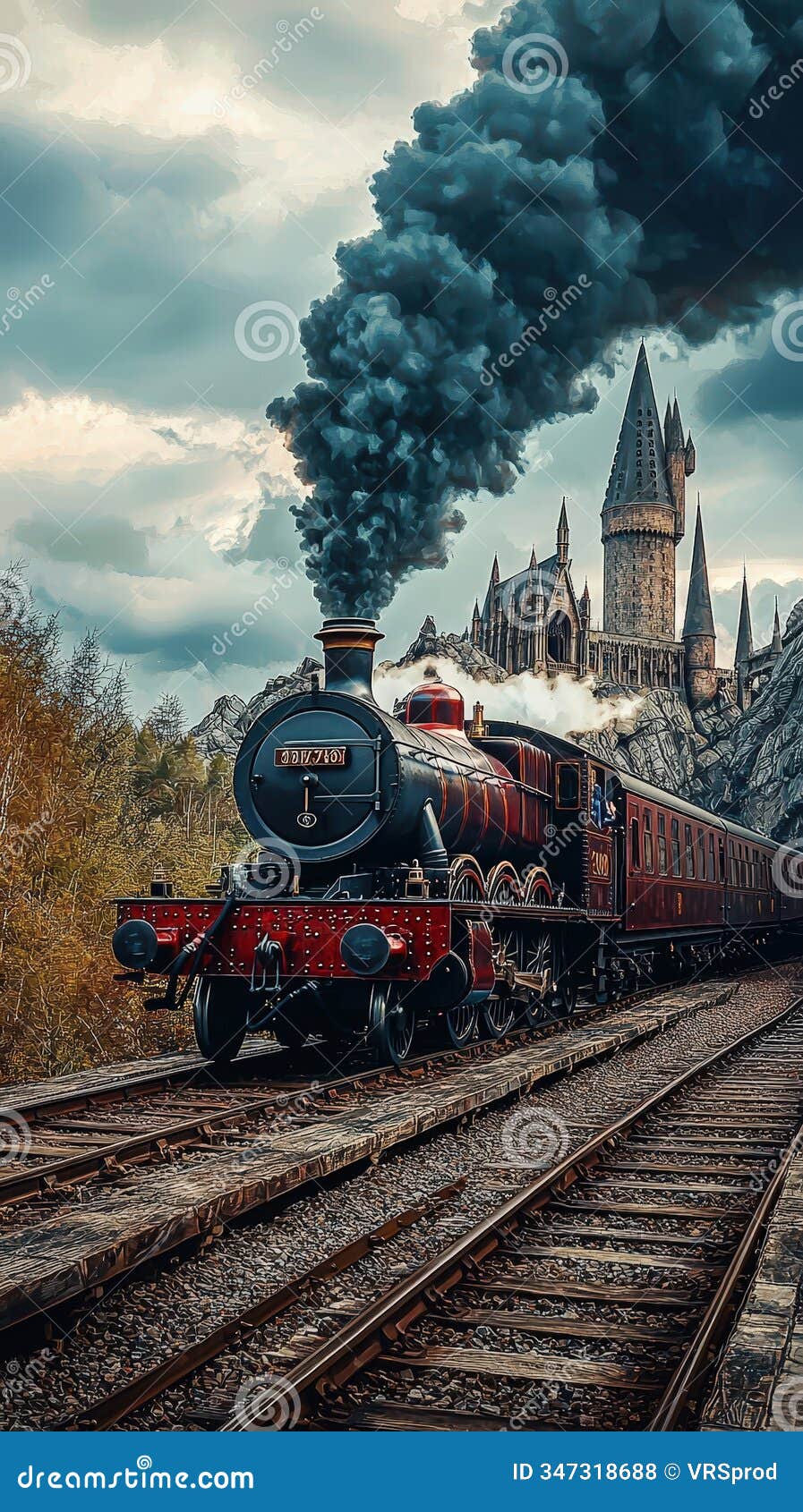 Nostalgic Steam Train with Castle in Mountainous Backdrop Stock Photo ...