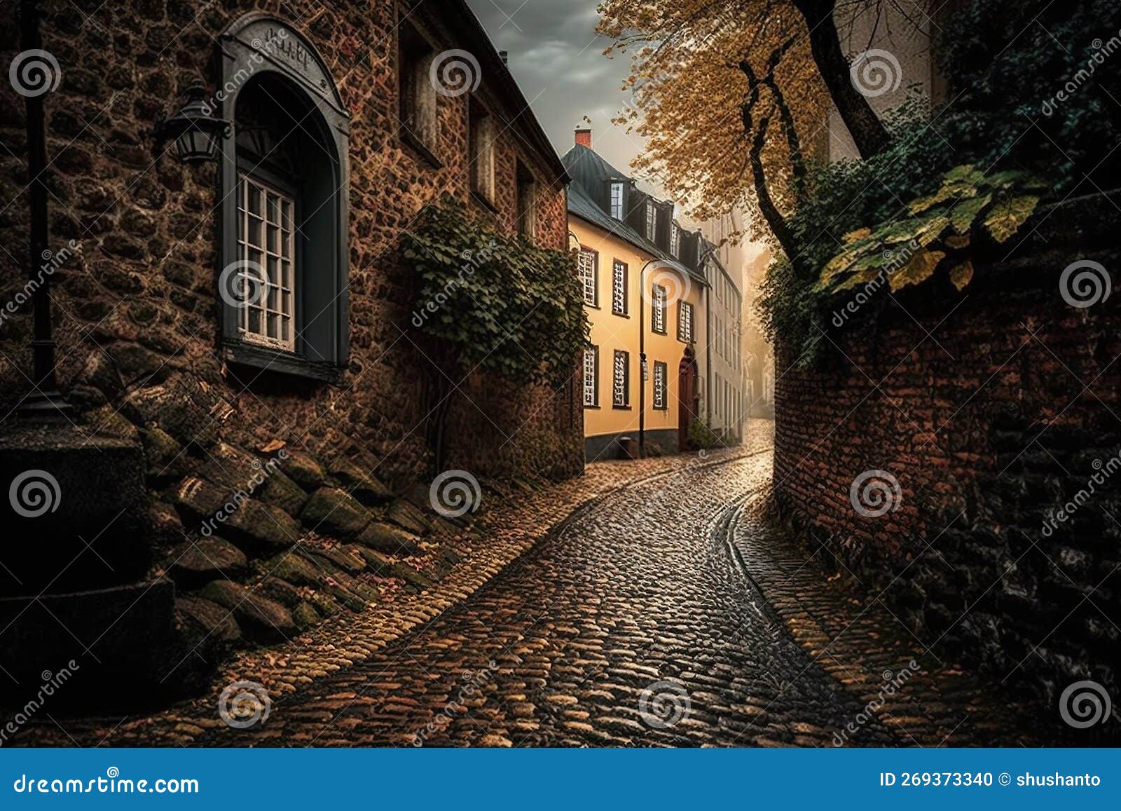 Nostalgic Walk through Cobblestone Streets Stock Illustration ...