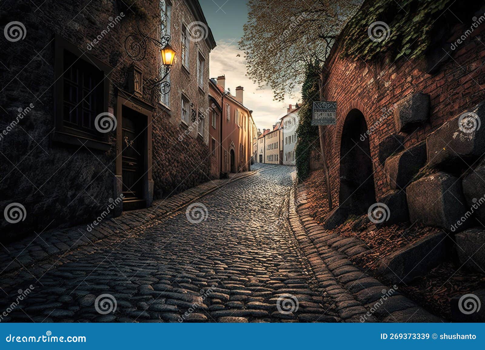 Nostalgic Walk through Cobblestone Streets Stock Illustration ...