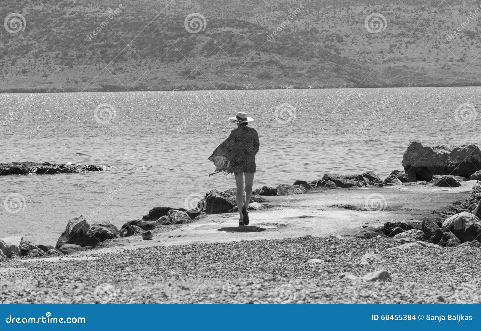 Nostalgic Woman by the Sea in Black and White Stock Photo - Image of ...