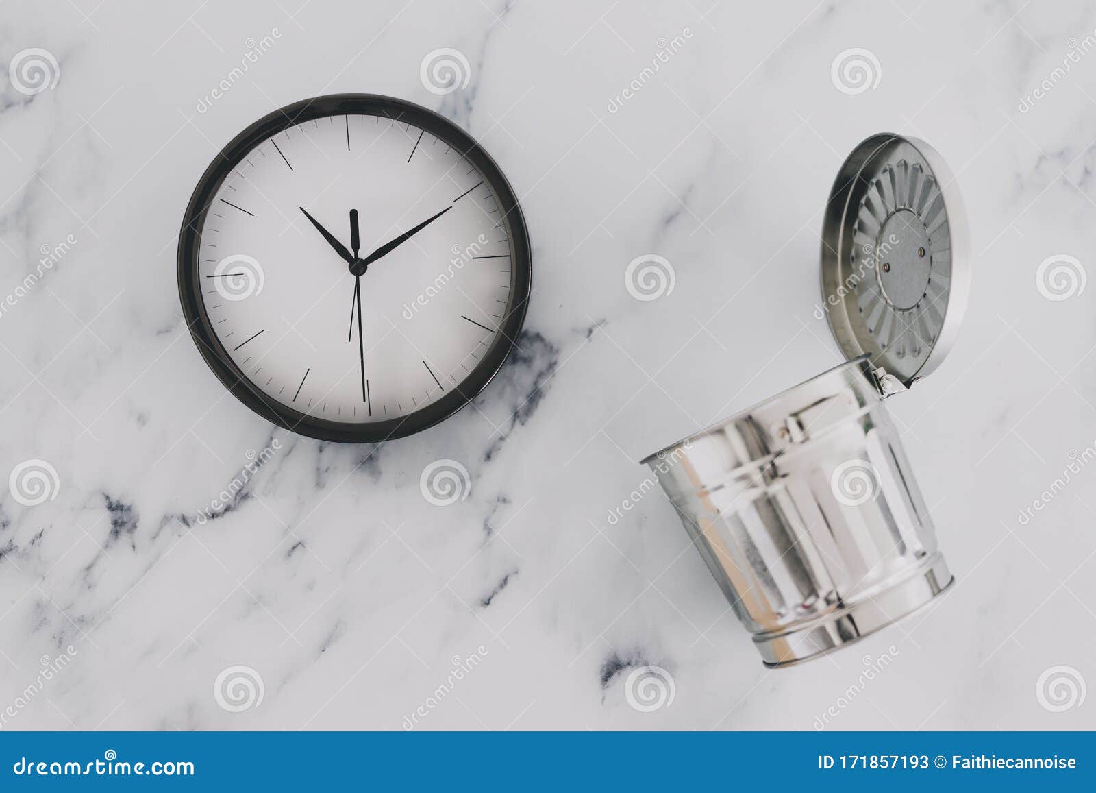 Not Wasting Time and Productivity, Clock Next To Semi-open Mini Garbage ...