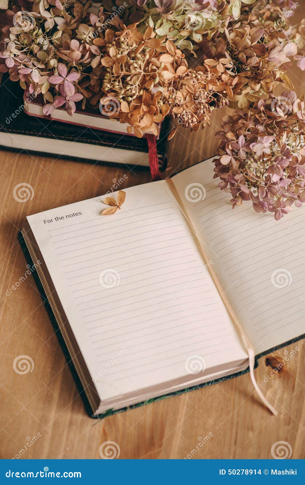 Note Book with Blank Pages and Dried Hydrangeas on Wooden Table Stock ...