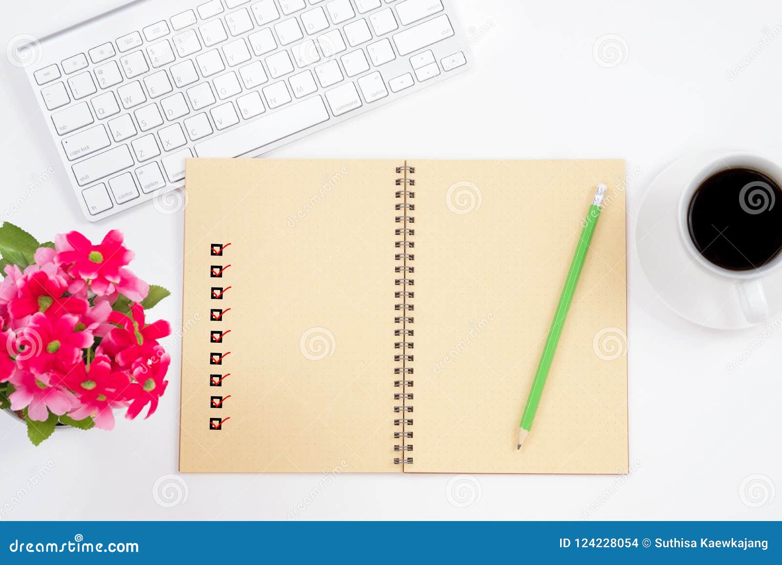 Note Book with Five Check Marks, Keyboard, a Pencil and a Cup of Stock ...