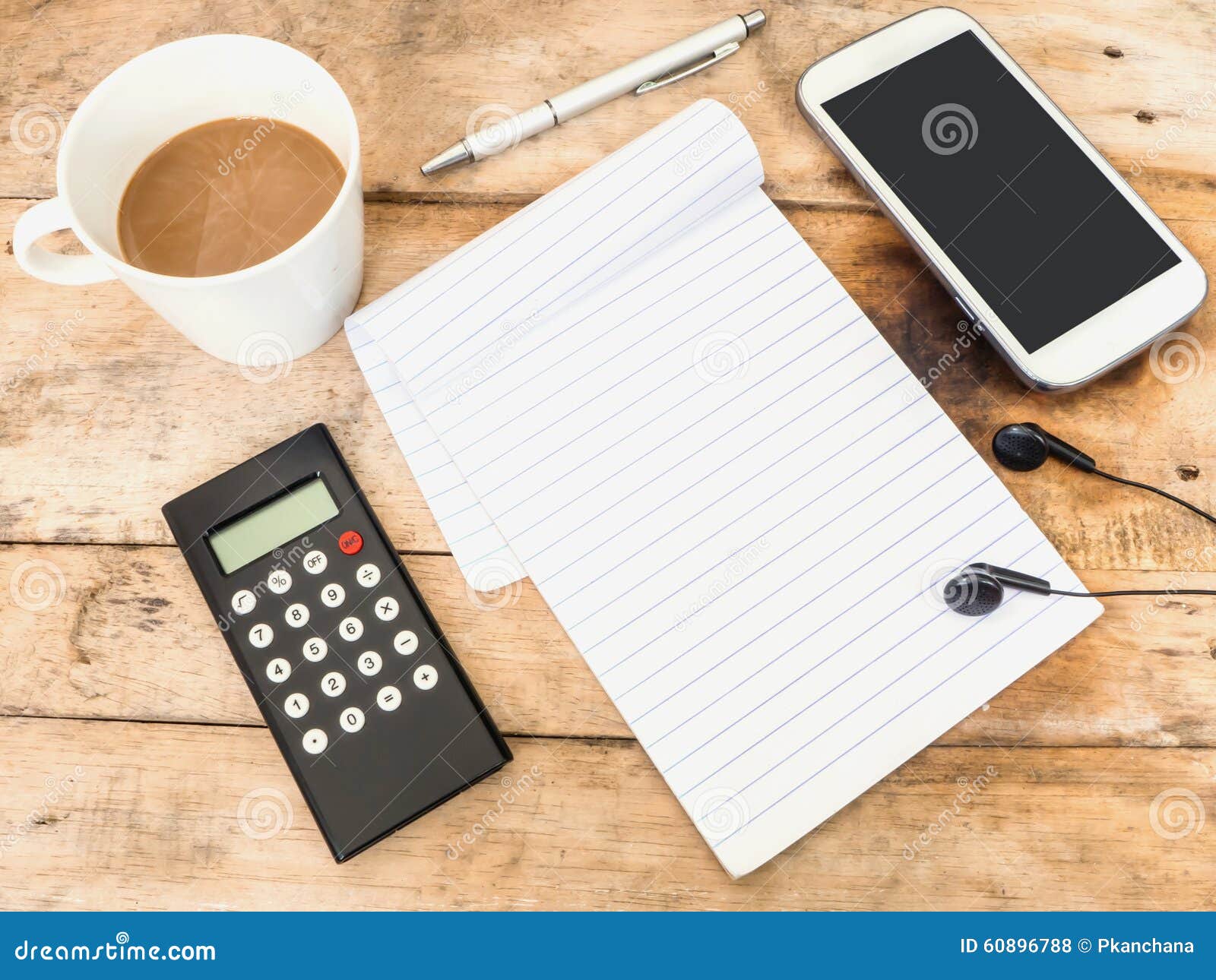 Note Pad, Calculator and Coffee Stock Photo - Image of cell, table ...