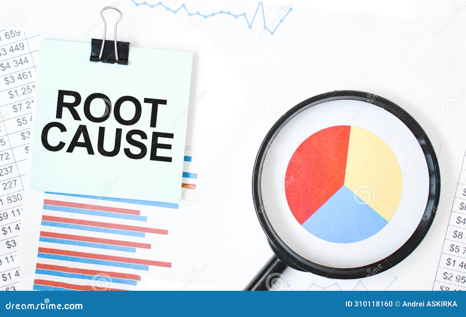 Note Paper with ROOT CAUSE Text and Magnifying Glass Over Pie Chart ...