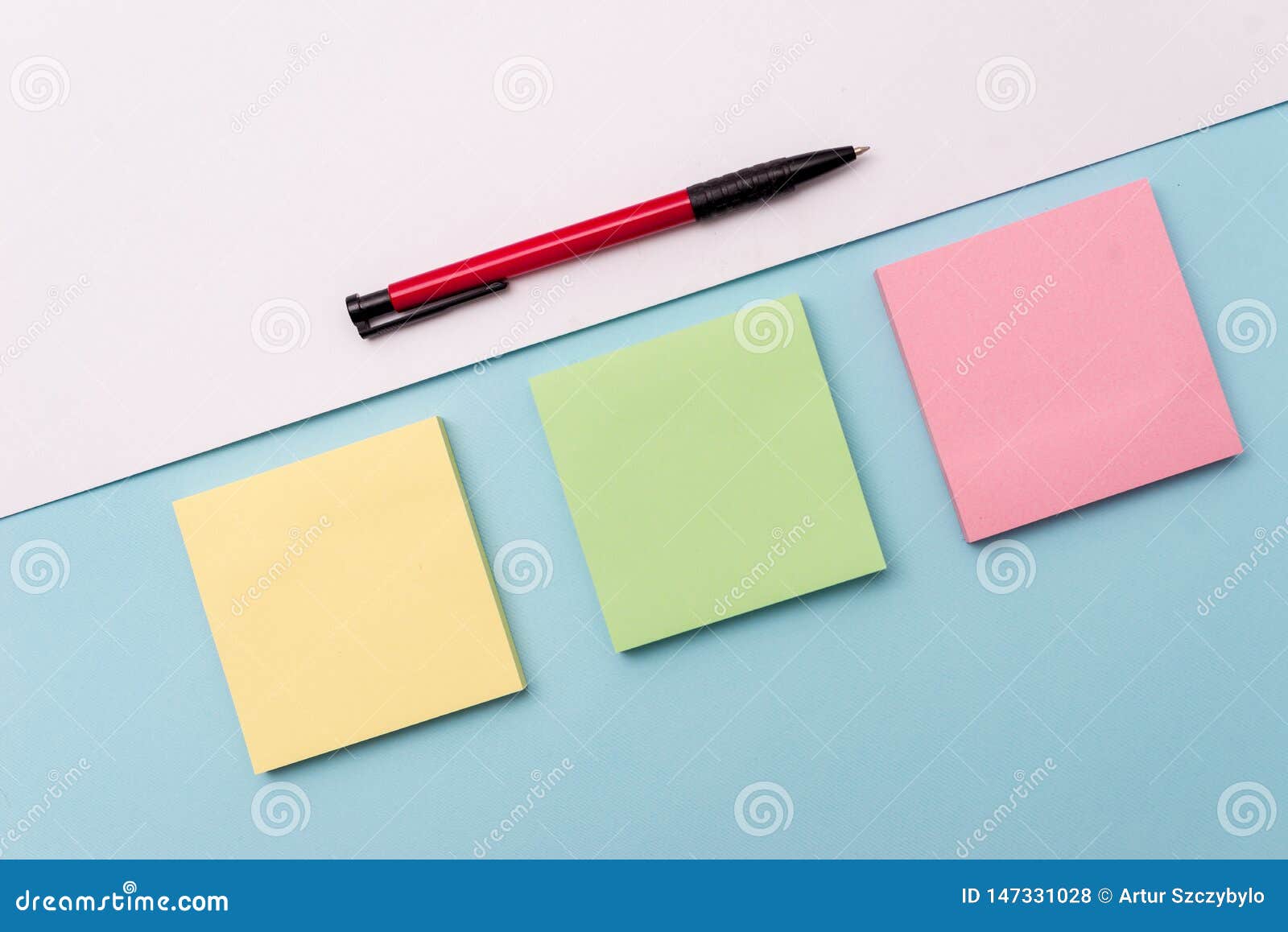 Note Papers and Pen Above Coloured Backdrop. Pastel Colour Stationary ...