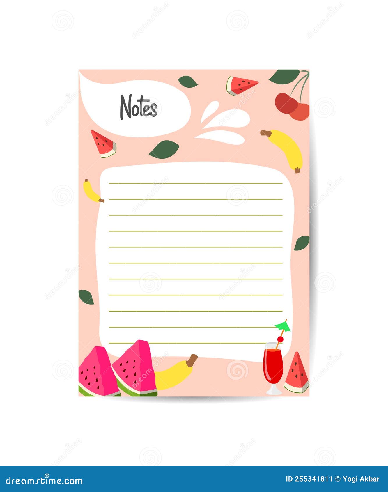Note Printable Template Vector with Fruit Illustration. Blank White ...