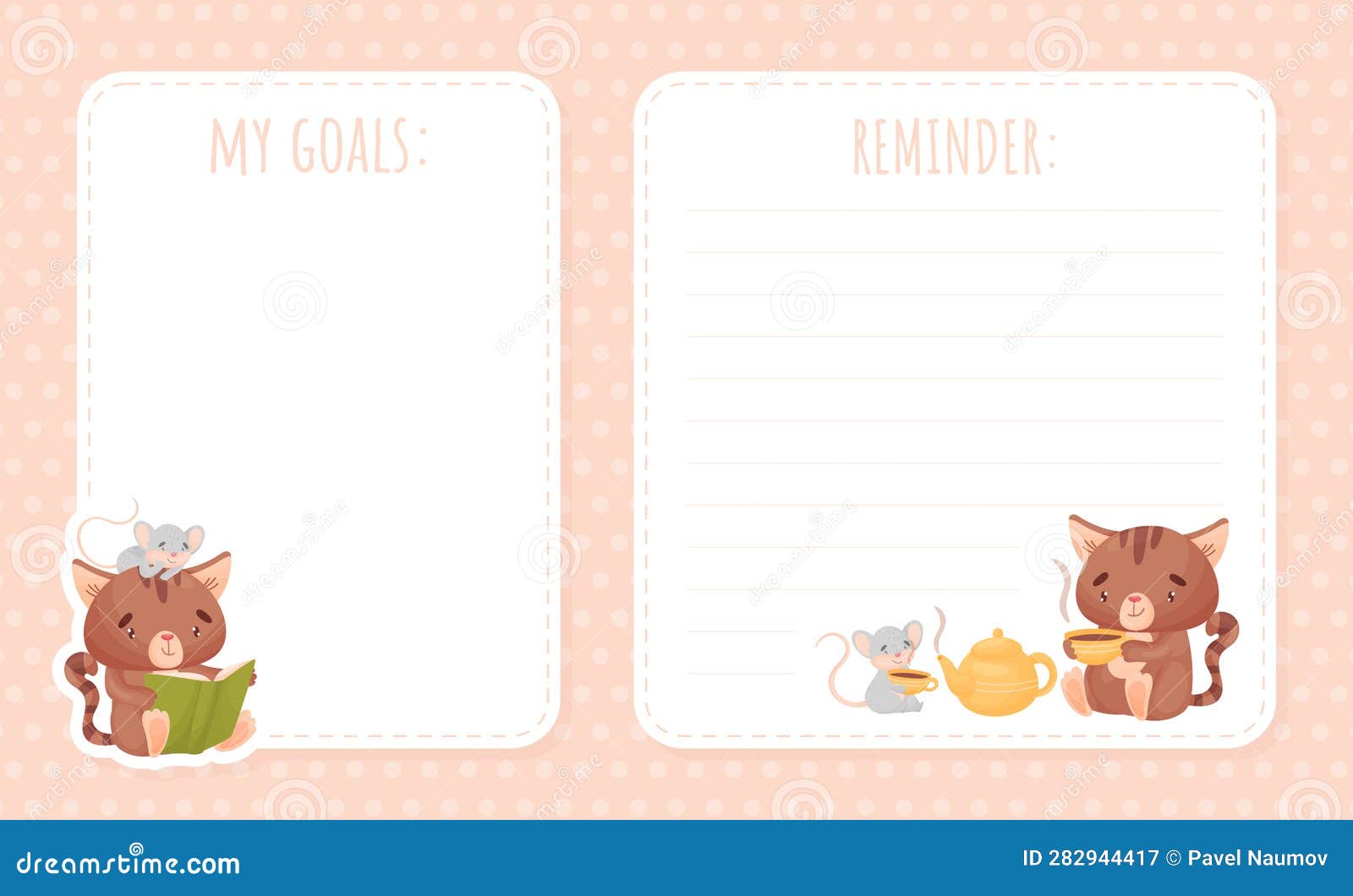 Note and Reminder Card with Cute Friendly Cat and Mouse Vector Template ...