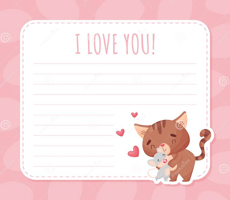 Note and Reminder Card with Cute Friendly Cat and Mouse Vector Template ...