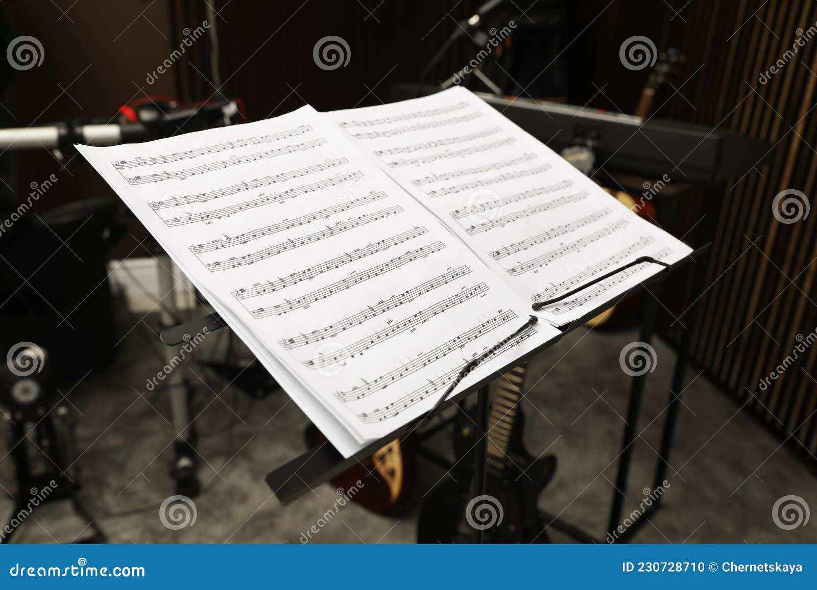 Note Stand with Music Sheets at Recording Studio. Band Practice Stock ...