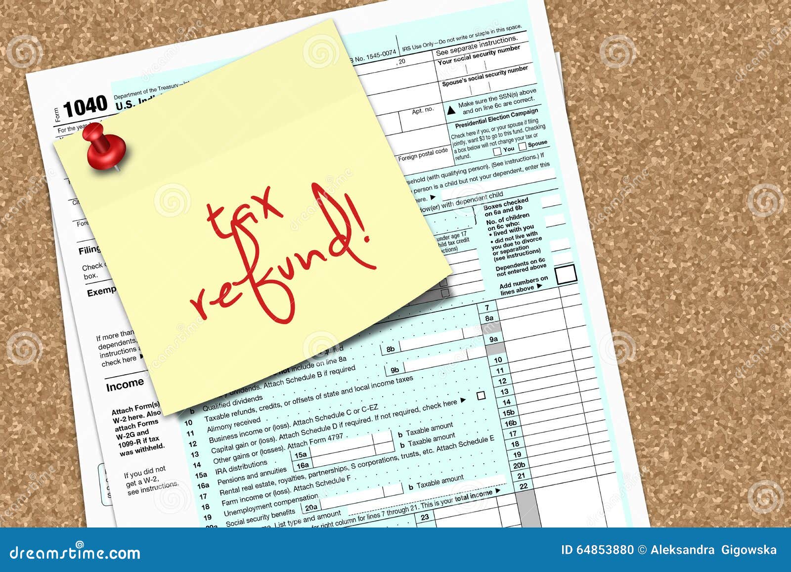 Note with Tax Refund Text and 1040 Form Pinned To Pin Board Editorial ...
