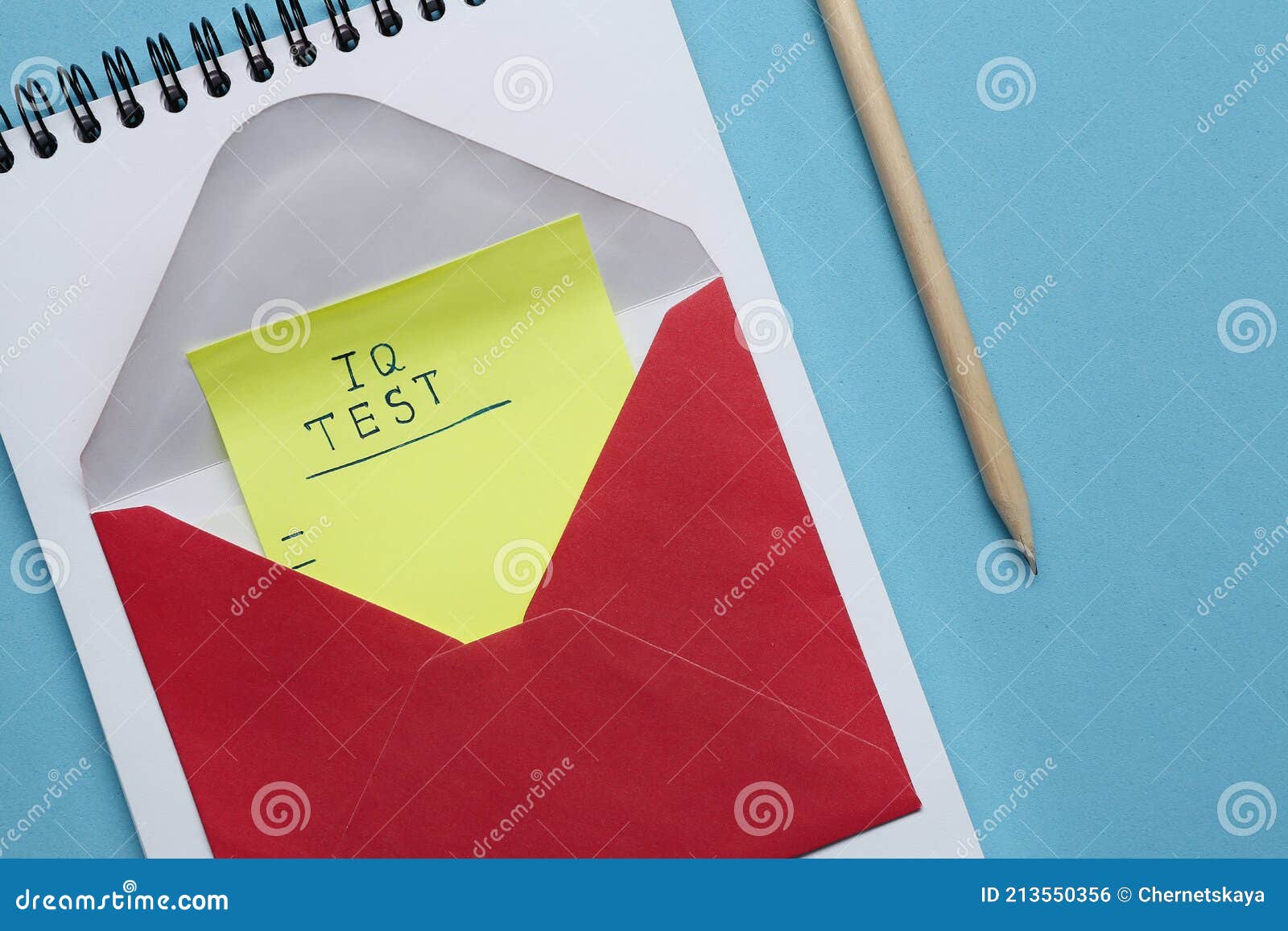 Note with Text IQ Test in Envelope, Notepad and Pencil on Light Blue ...
