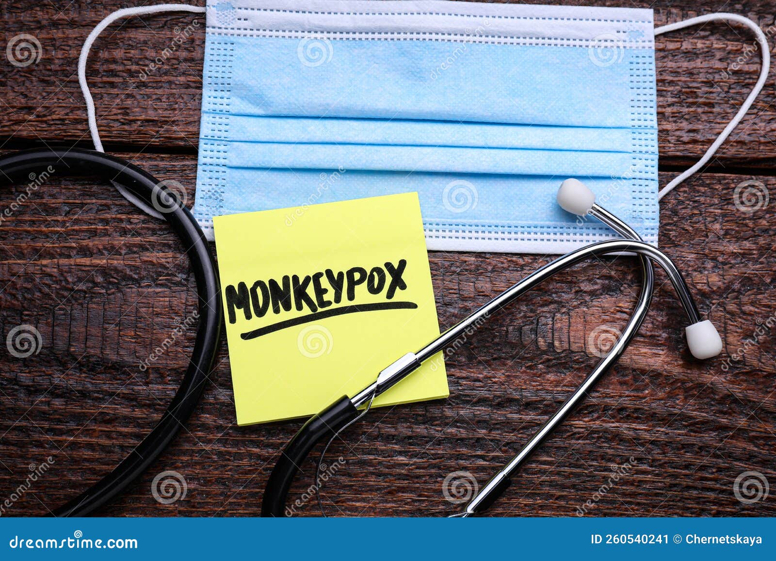 Note with Word Monkeypox, Mask and Stethoscope on Wooden Table, Flat ...