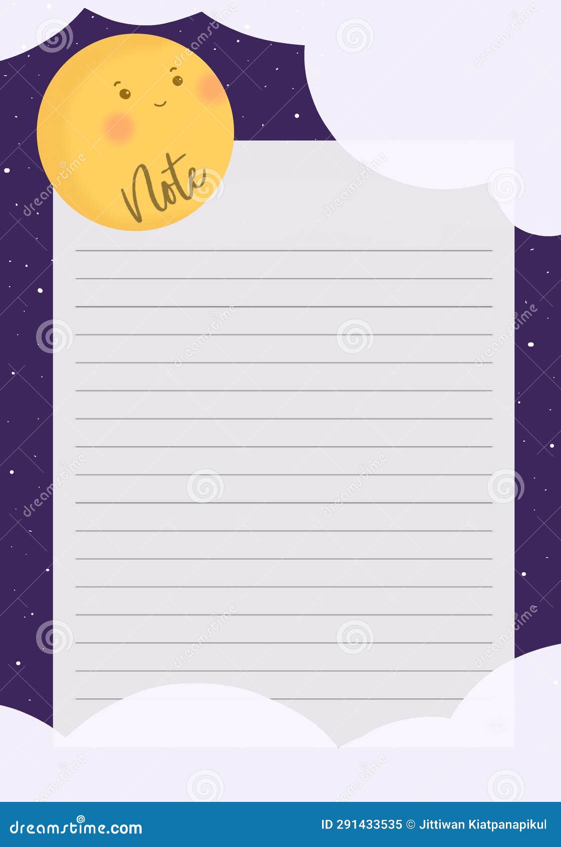 Note Writing Paper with Full Moon Starry Night Frame Pattern Template ...