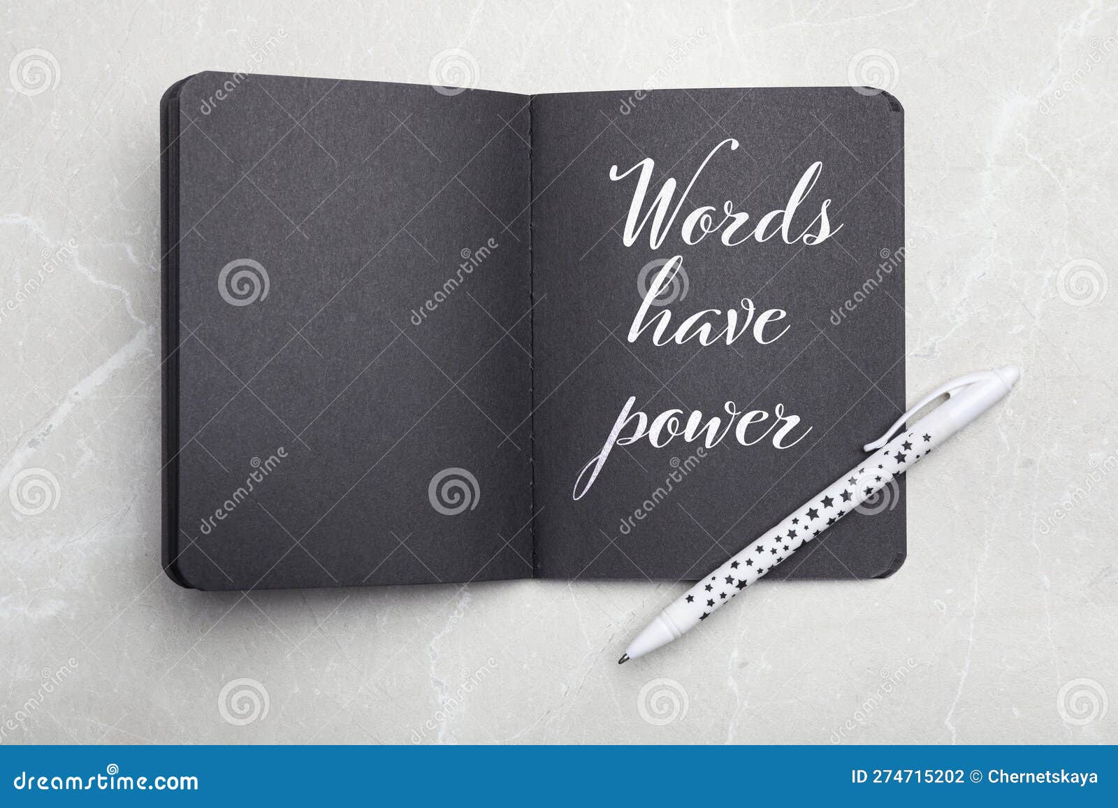 Notebook with Black Pages and Phrase Words Have Power on Light Grey ...