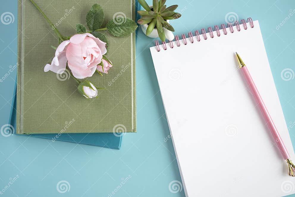 Blank Notebook and Book on Blue Background Stock Photo - Image of ...