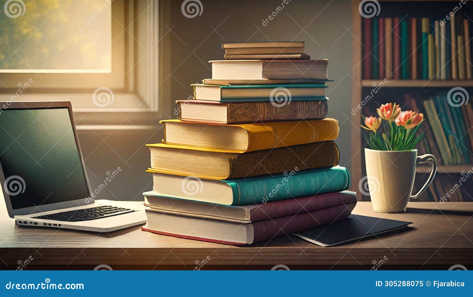 Notebook with Books in Library on Study Table by Window Stock ...