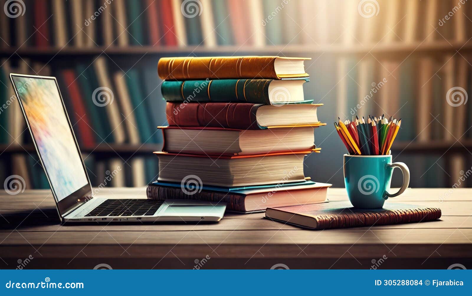 Notebook with Books in Library on Study Table by Window Stock ...