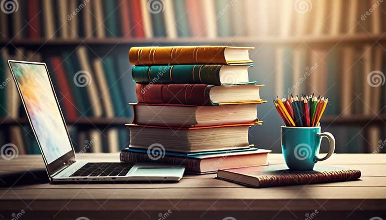 Notebook with Books in Library on Study Table by Window Stock ...