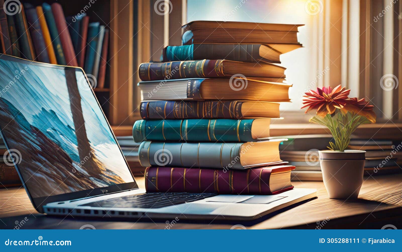 Notebook with Books in Library on Study Table by Window Stock ...
