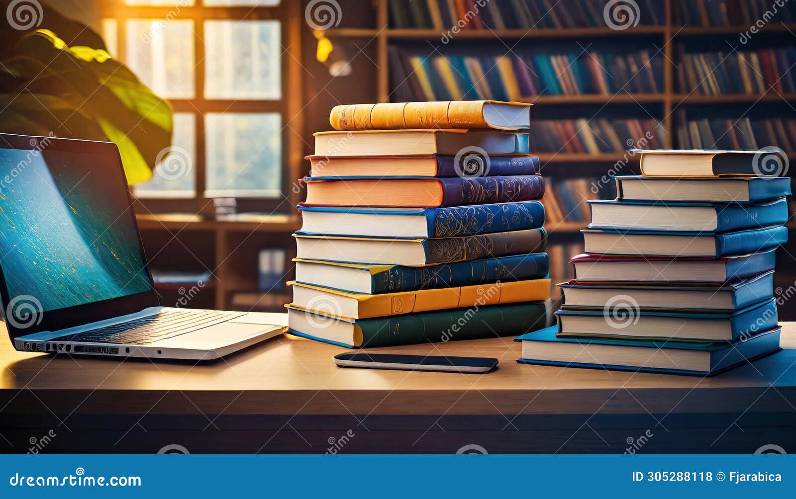 Notebook with Books in Library on Study Table by Window Stock ...
