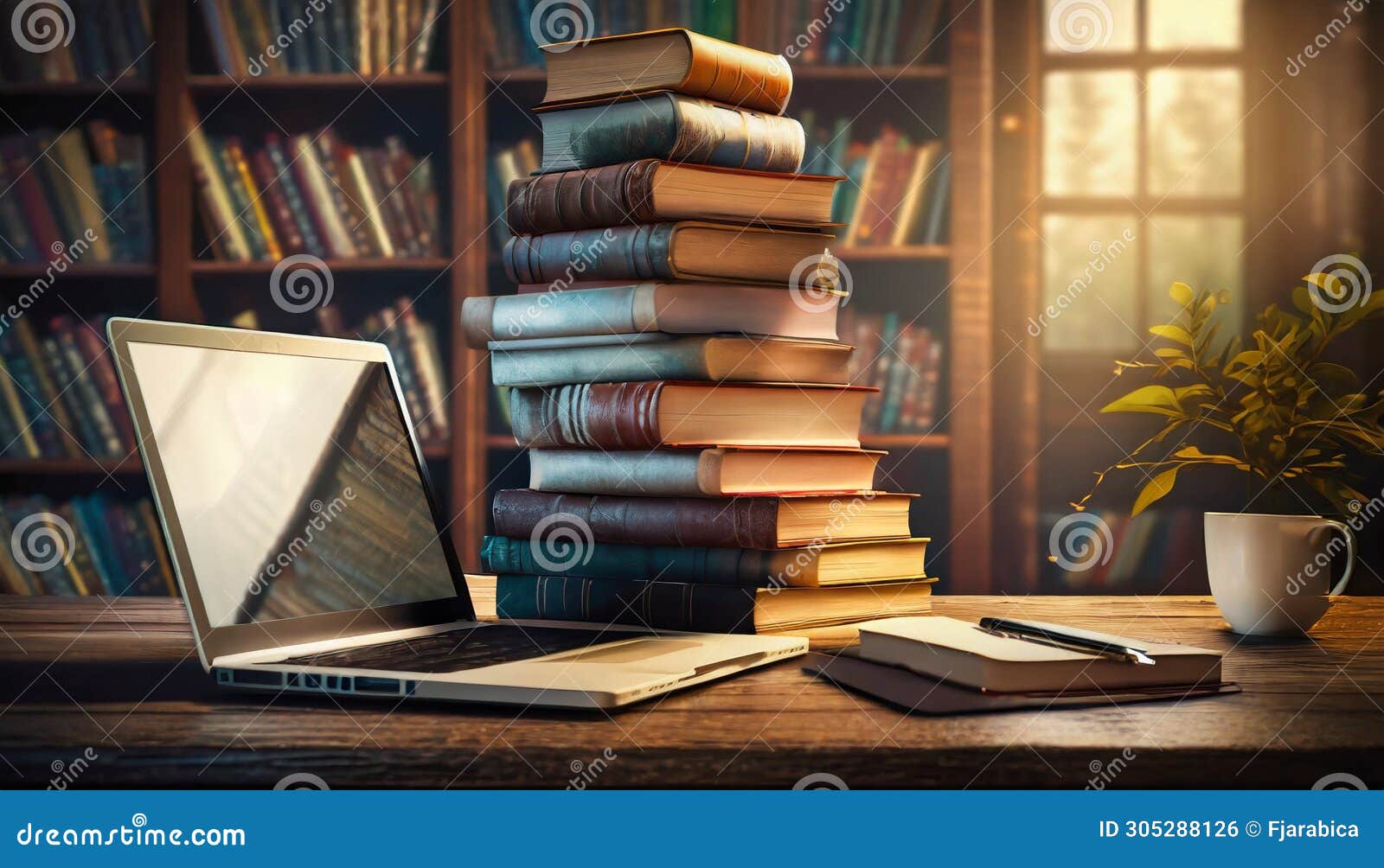 Notebook with Books in Library on Study Table by Window Stock ...