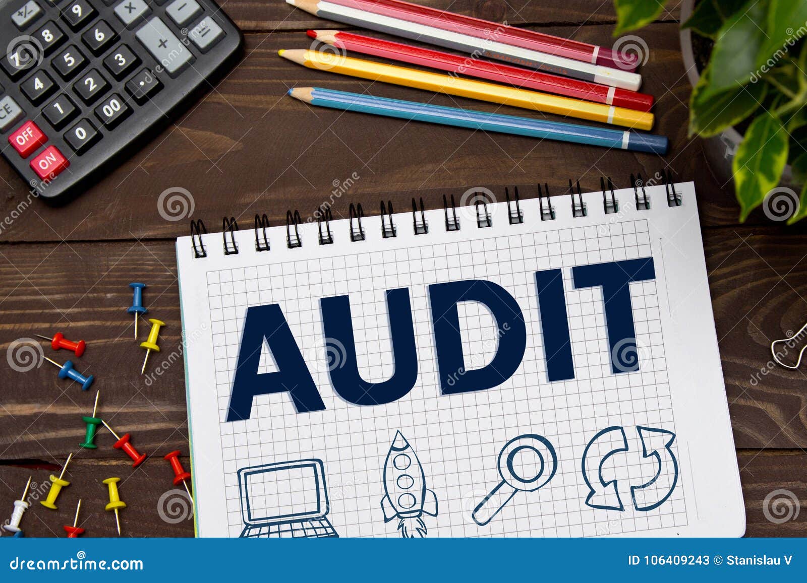 Notebook with a Business Notes AUDIT on the Office Table with Tools ...