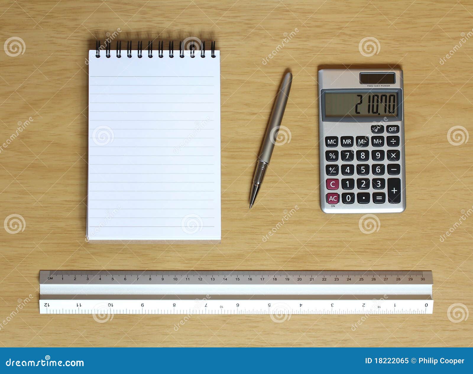 Notebook Calculator Ruler and Pen on Desk Stock Image - Image of metal ...