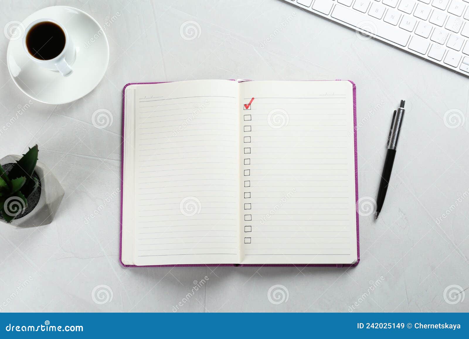 Notebook with Checkboxes, Cup of Coffee and Plant on White Table, Flat ...