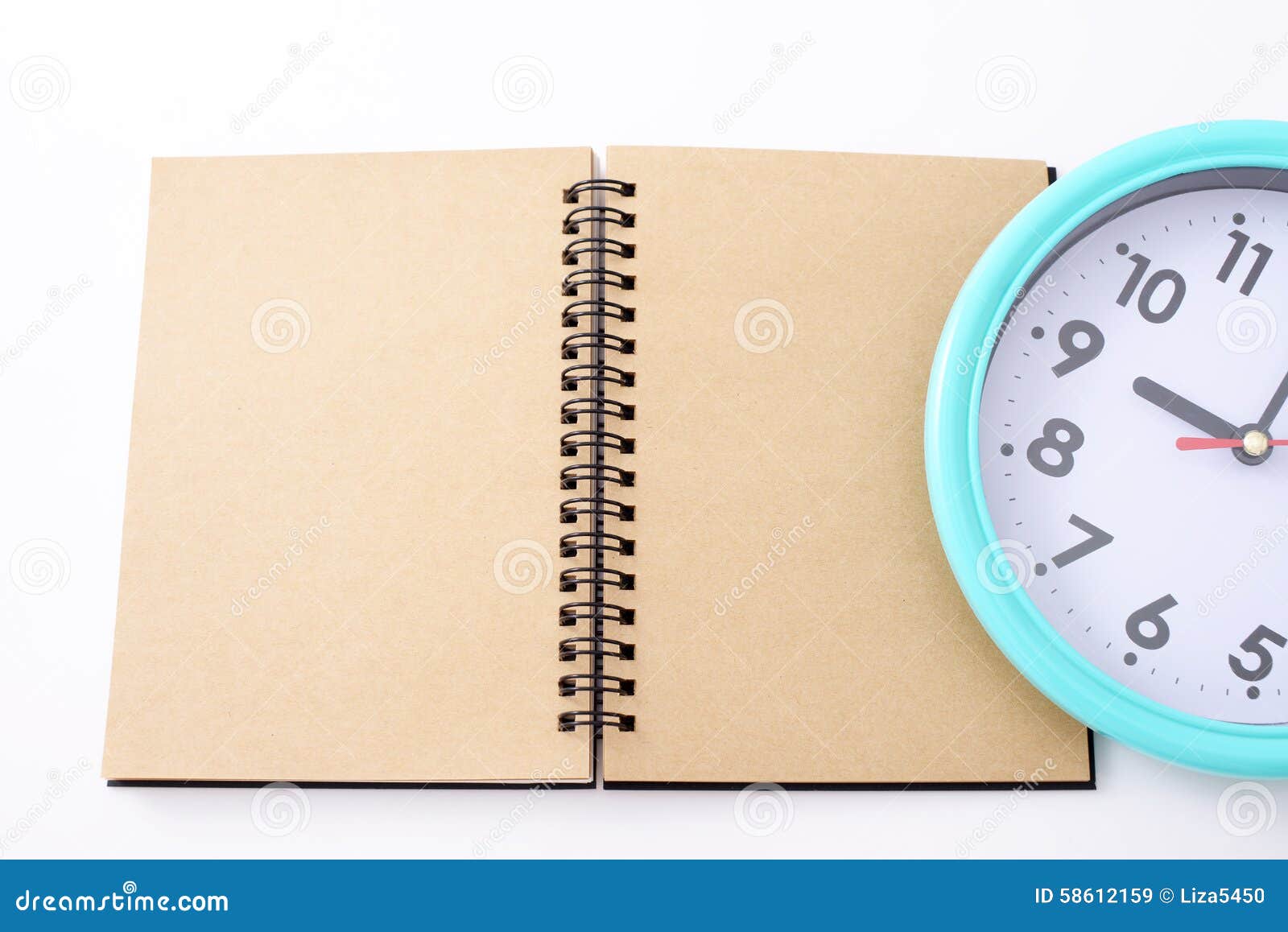 Notebook with clock stock image. Image of clean, goods - 58612159