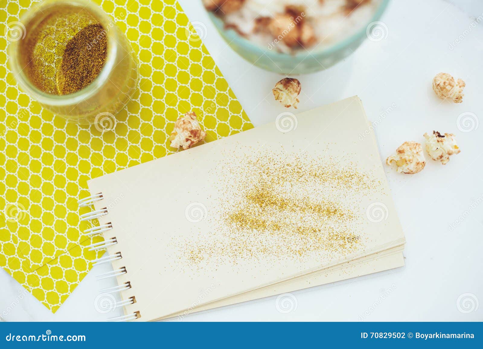 Notebook and Coffee with Chocolate Popcorn. Creative Concept Stock ...