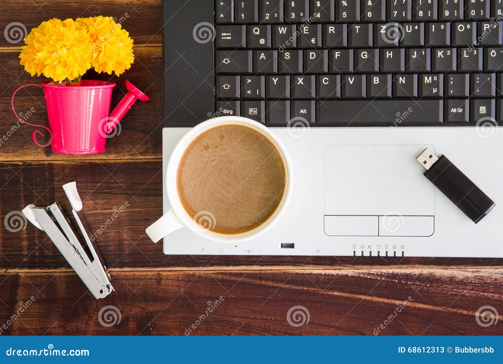 Notebook Computer with Coffee Cup, Computer and Flower. View Fro Stock ...