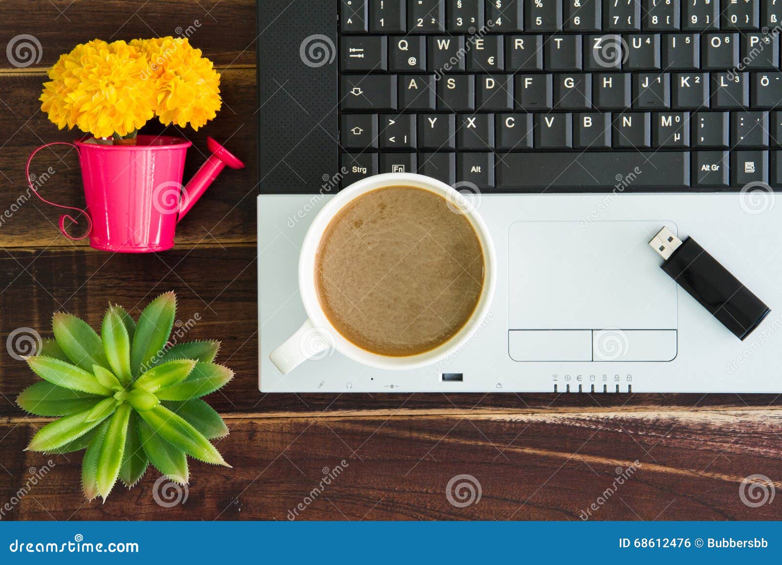 Notebook Computer with Coffee Cup, Computer and Flower. View Fro Stock ...