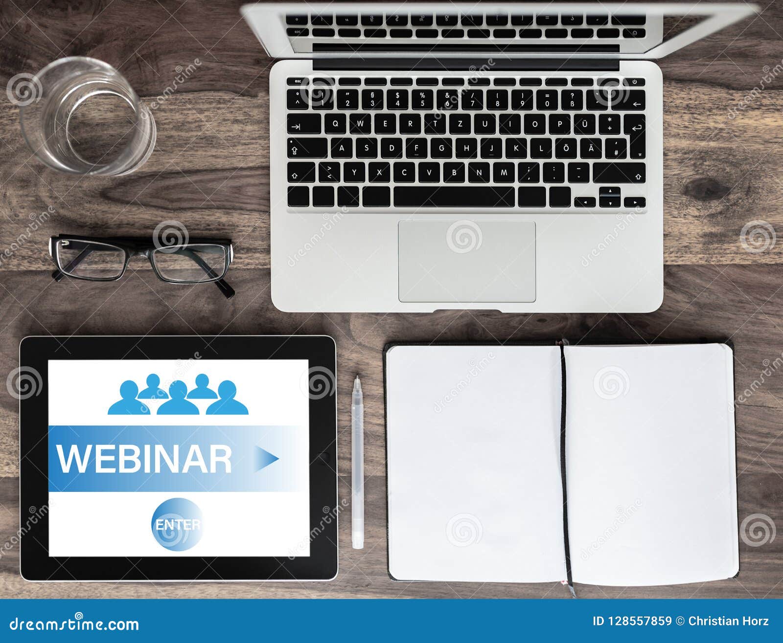 Notebook Computer, Digital Tablet and Notepad on Rustic Wooden Table ...