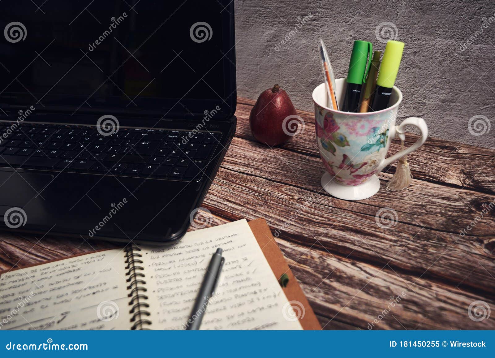 Notebook Computer Markers and Red Apple on the Wooden Table Stock Image ...