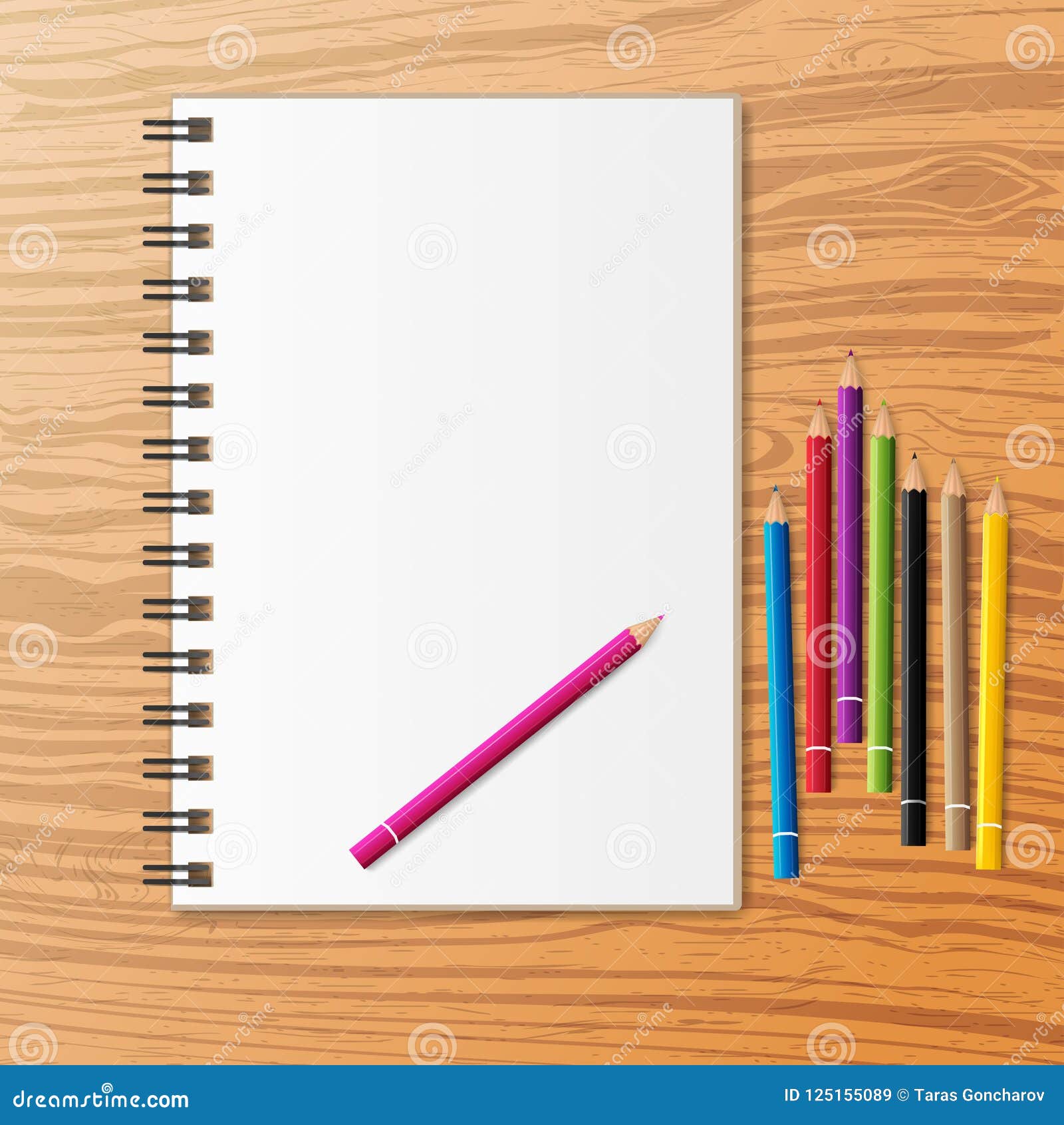 Notebook and Crayons on a Wooden Surface, Vector Stock Vector ...