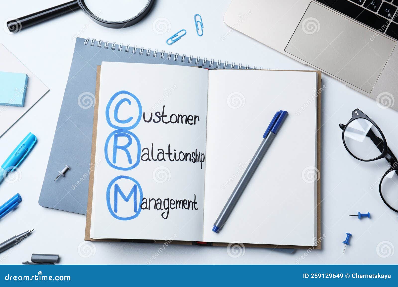 Notebook with CRM Abbreviation on White Office Table, Flat Lay ...