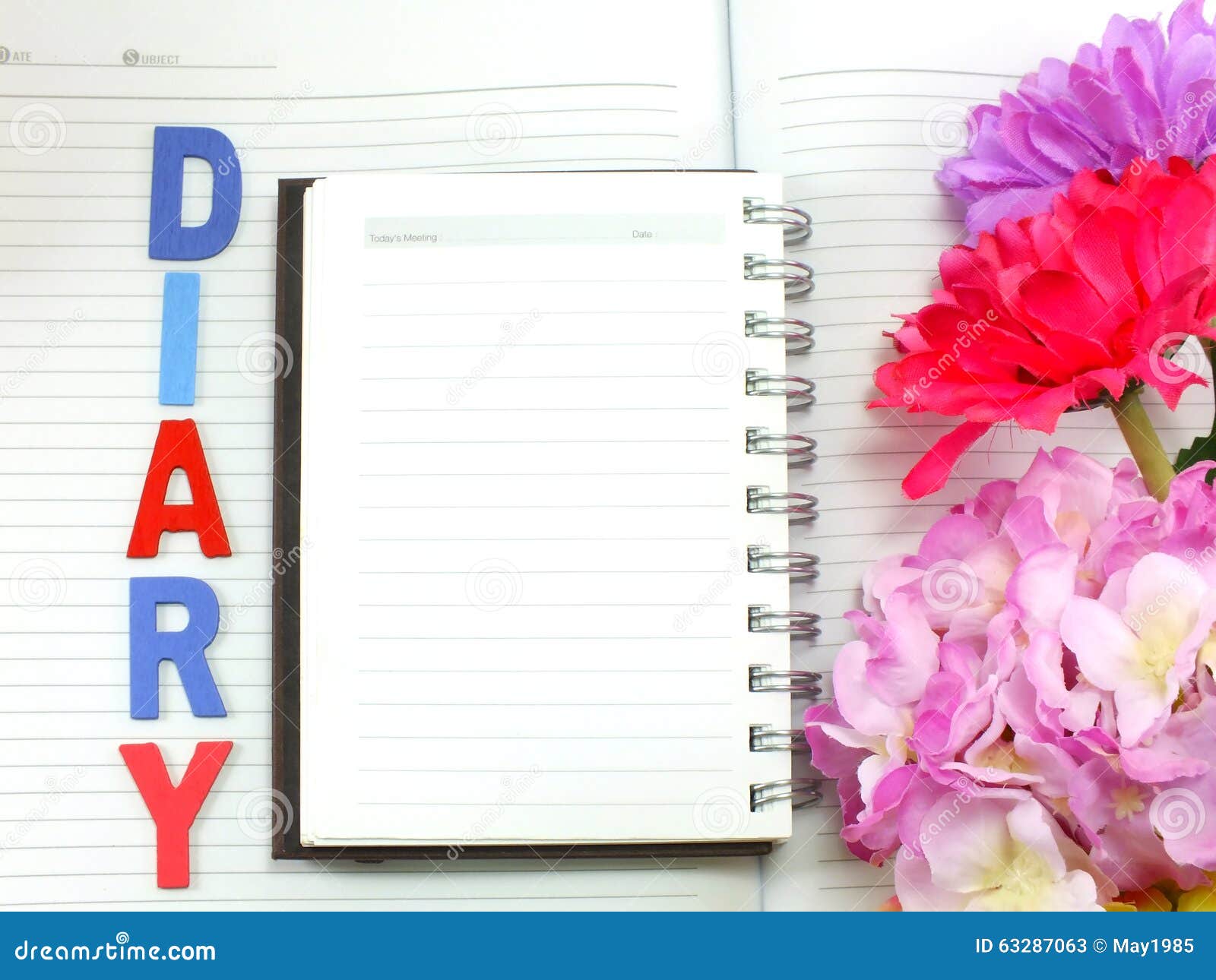 Notebook Diary and Beautiful Artificial Flower Bouquet Background Stock ...