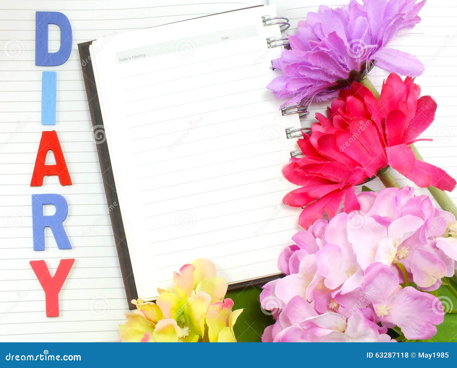 Notebook Diary and Beautiful Artificial Flower Bouquet Background Stock ...