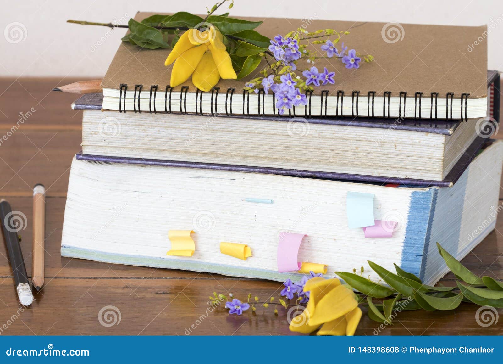 Notebook ,dictionary Book and Pencil of Student for Study Stock Photo ...
