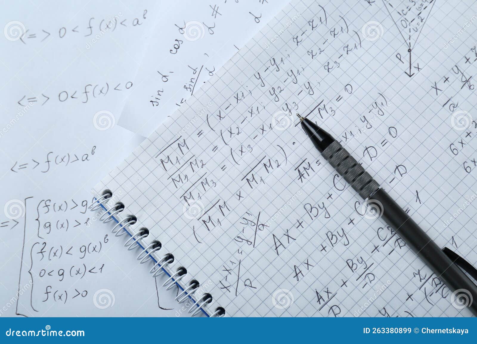 Notebook with Different Mathematical Formulas and Pen, Top View Stock ...