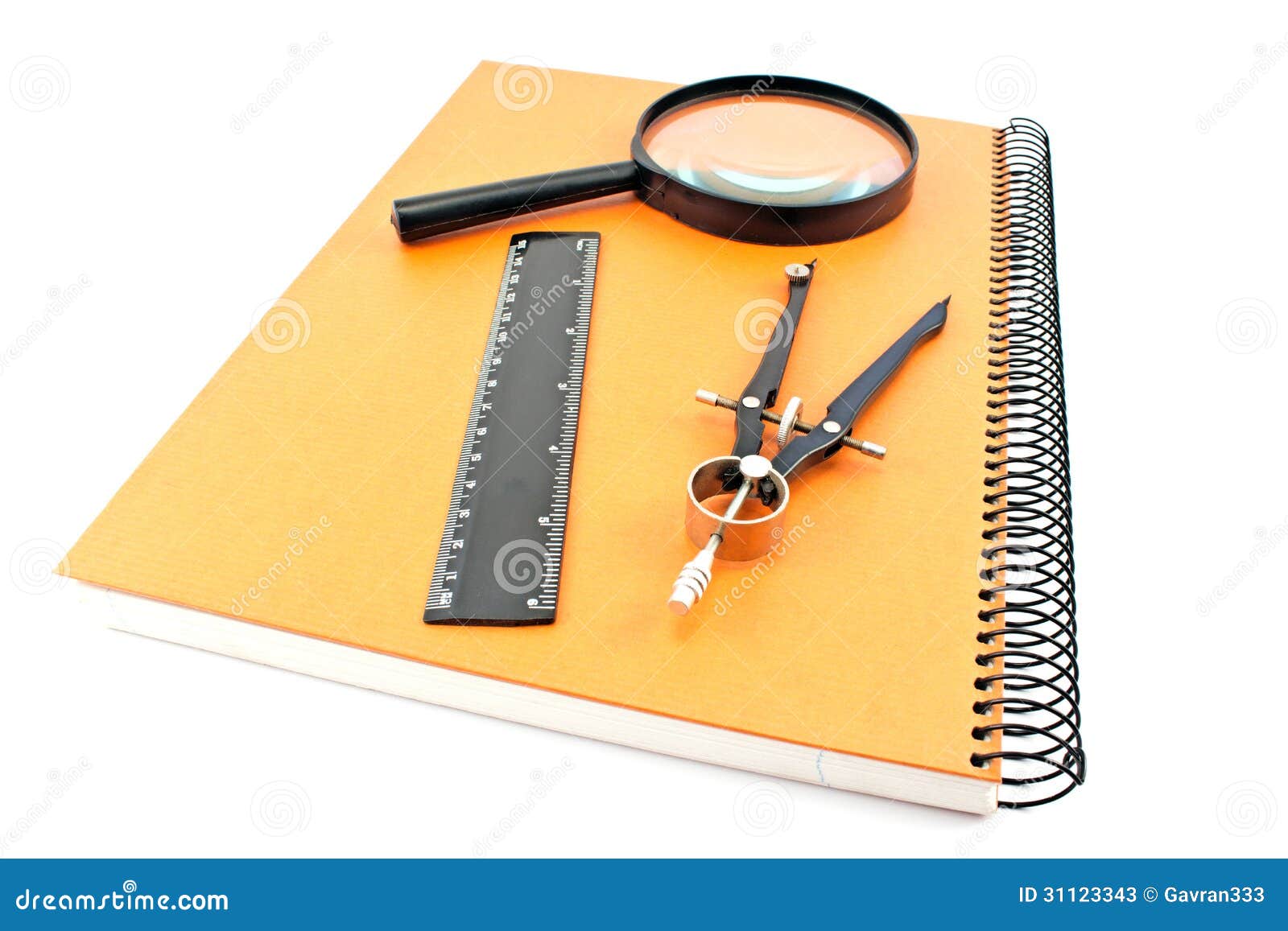 Notebook with Drawing Compass, Ruler and Magnifier Stock Image - Image ...