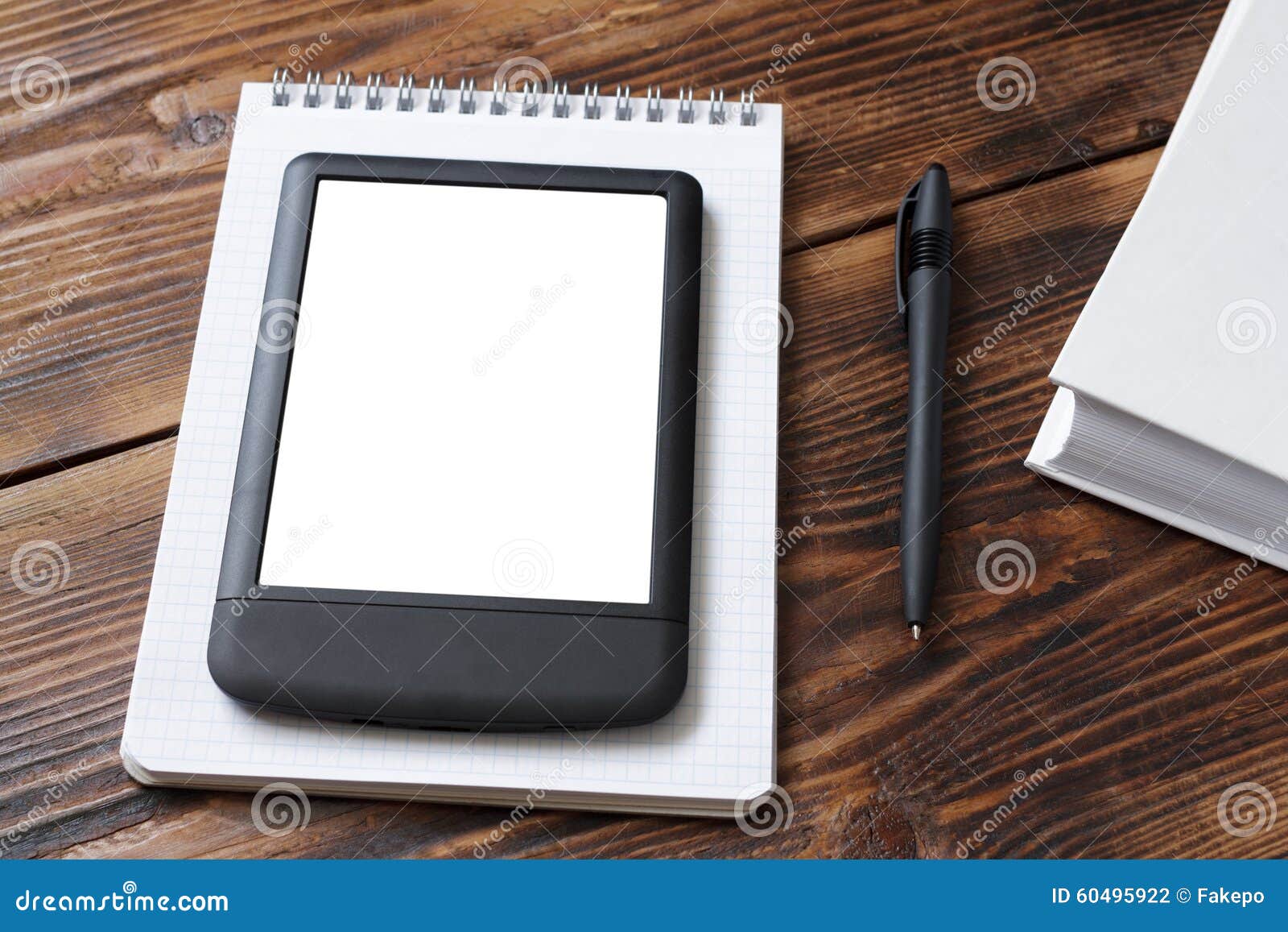 Notebook, E-reader/tablet, Book on Old Wood Table Stock Photo - Image ...