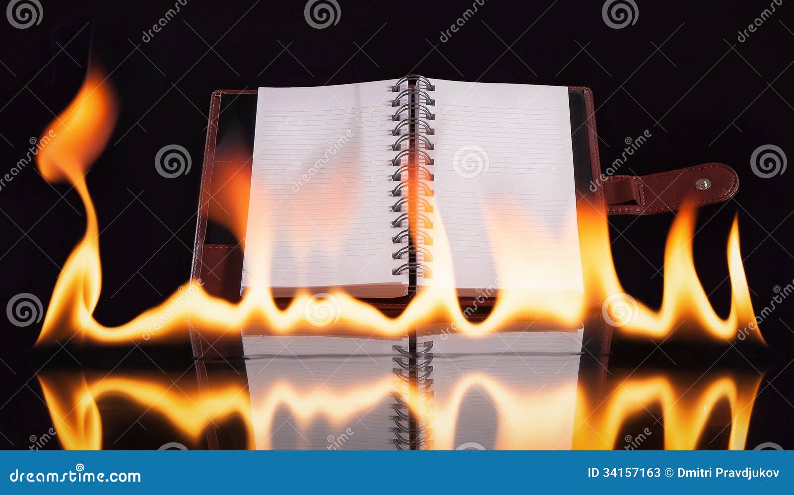 Notebook in fire flame stock image. Image of mirror, leather - 34157163