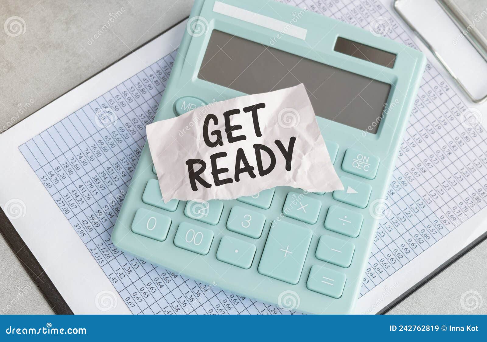 Notebook with GET READY Word with Office Tools on Gray Table Stock ...